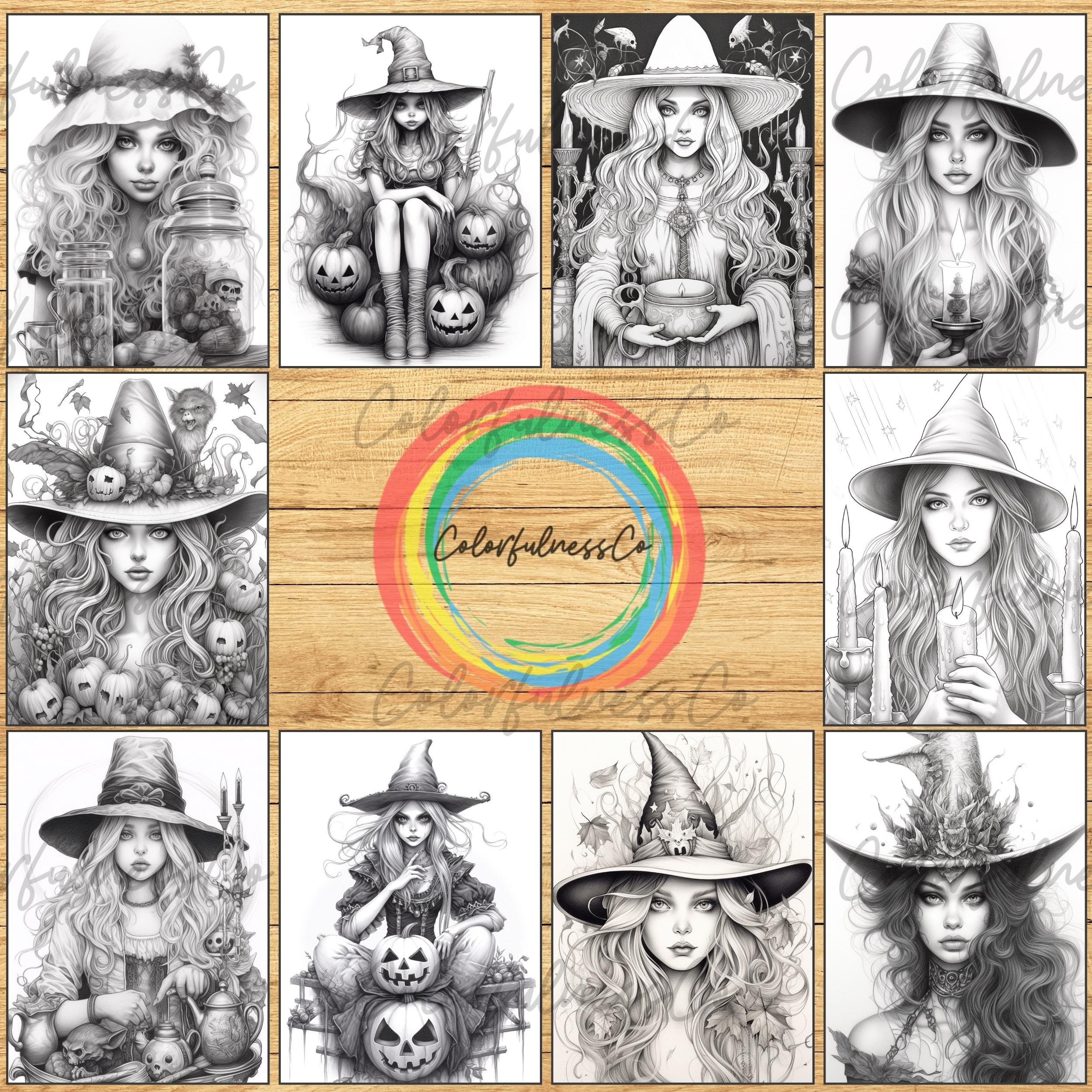 Magical Witches Coloring Book Pages, Grayscale Portraits Coloring Pages ...