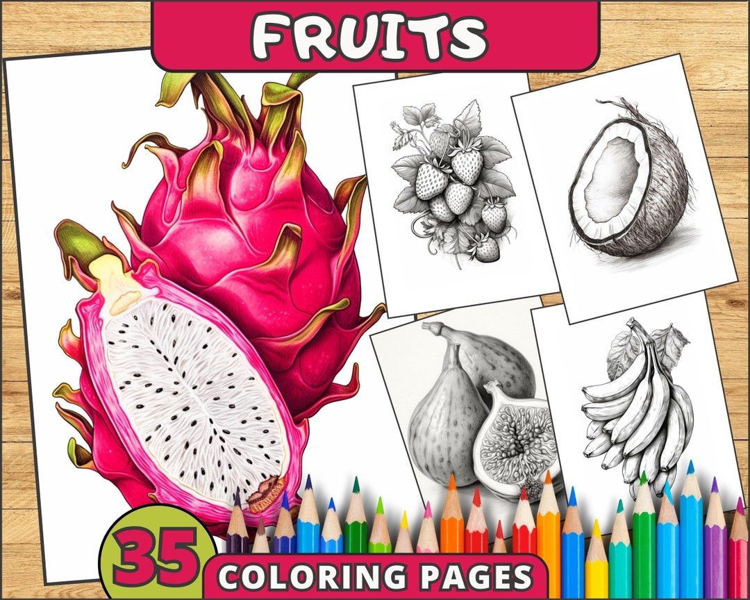 35 Grayscale Fruits Coloring Pages, Printable Fruit Coloring Book, Book ...