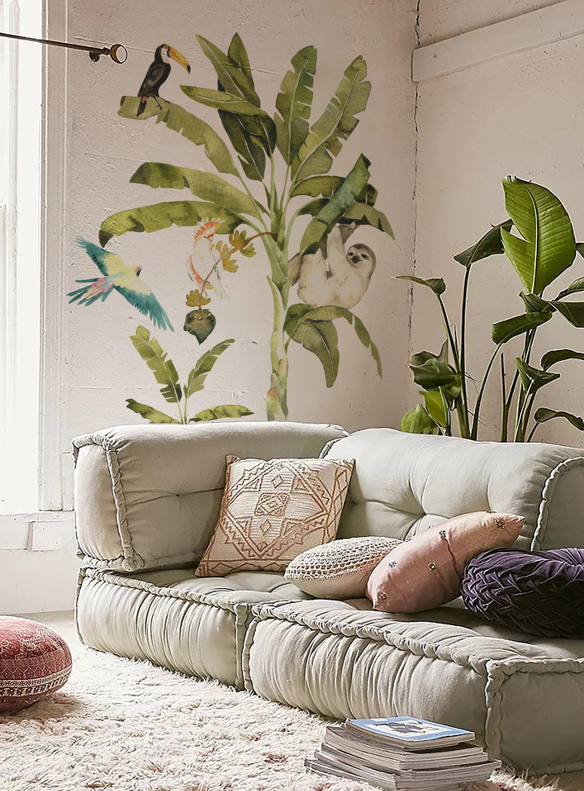 Tropical Series Banana Tree With Monkey and Parrot Wall Decal Sticker ...