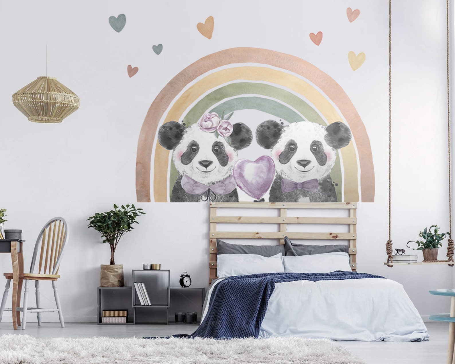 Boho Panda Wall Decal Nursery Decor for Kids Room Watercolor Animal ...