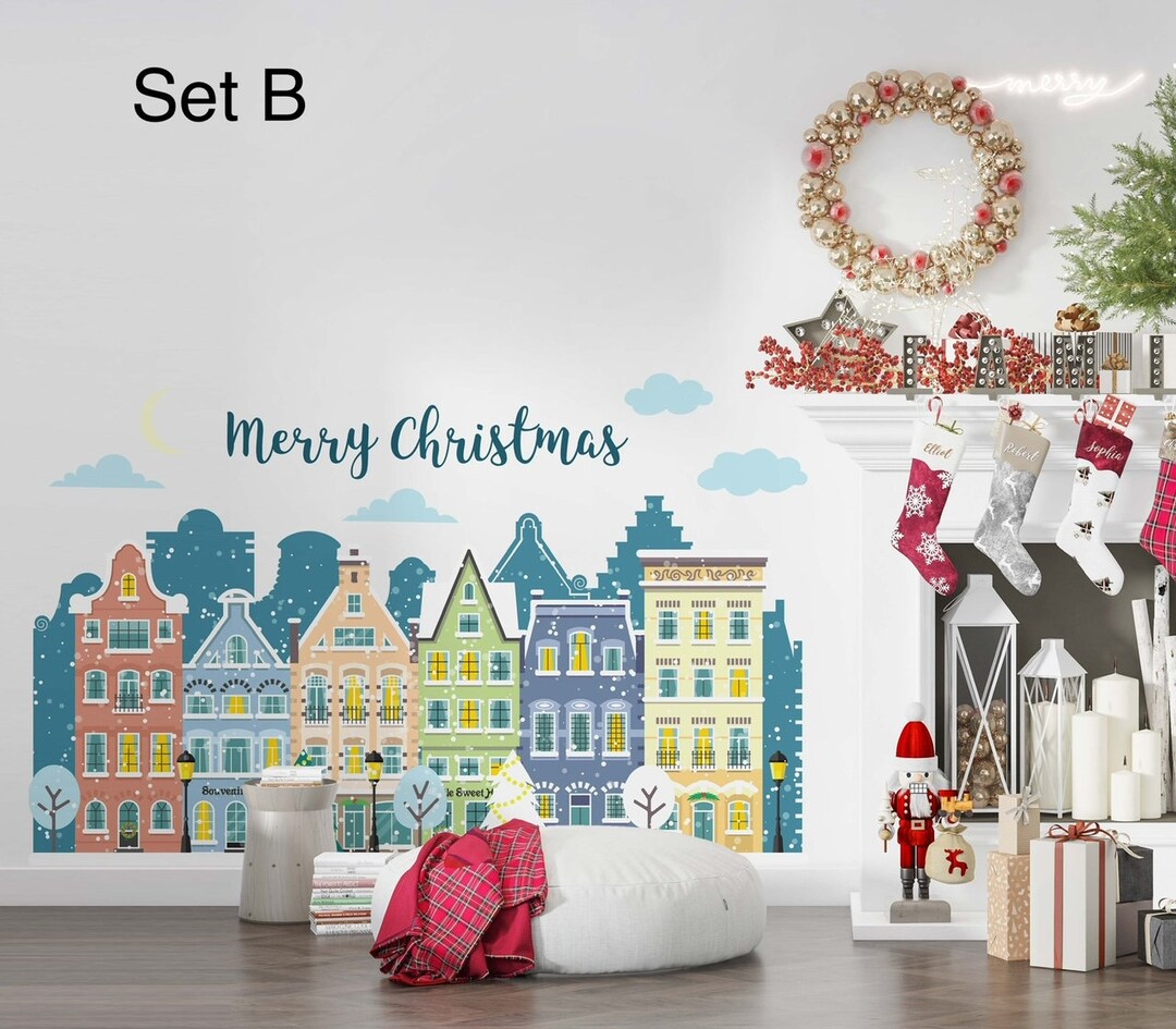 Merry Christmas Wall Sticker European Buildings Window Decal Amsterdam Buildings Vinyl Decal ...