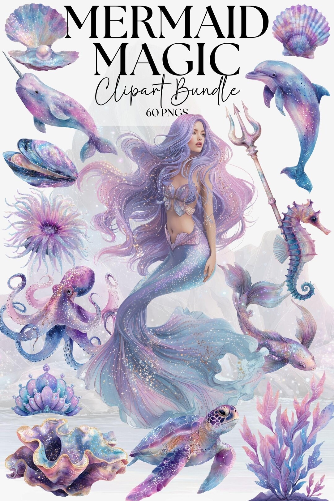 Mermaid Magic Clipart Bundle | 60 PNG Mermaid Illustrations | Fantasy ...