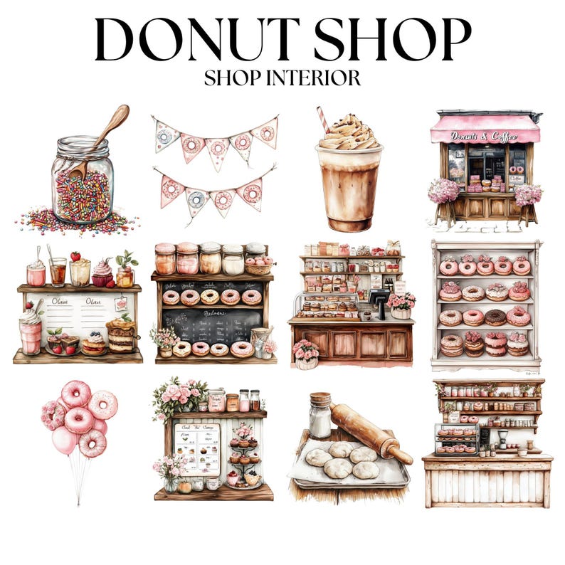 Donut Shop Clipart Bundle: Watercolor Sweets, Coffee, and Cake (73 PNG ...
