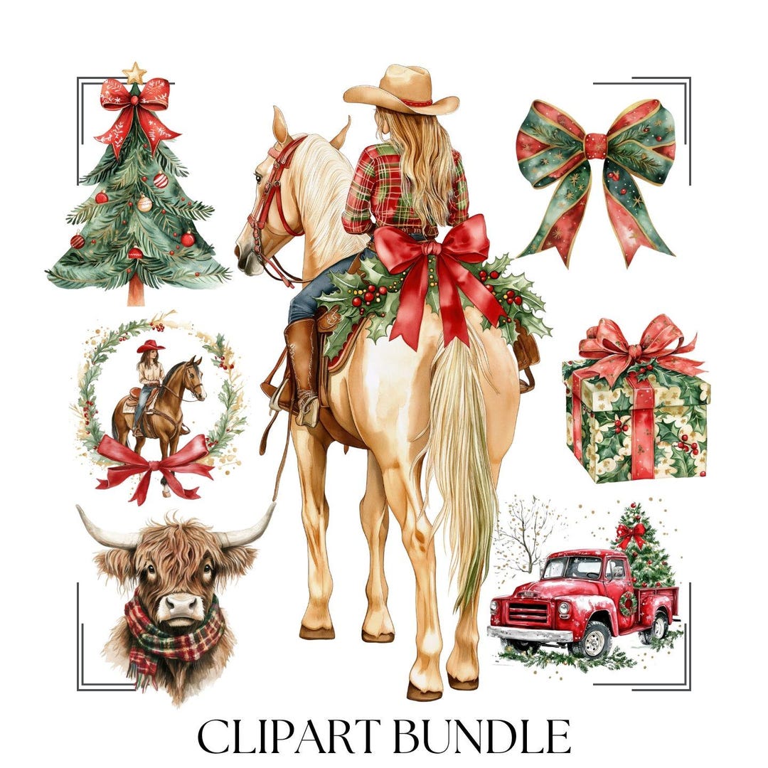 Cowgirl Christmas Clipart Bundle: Vintage Western Watercolor PNG Set - Etsy