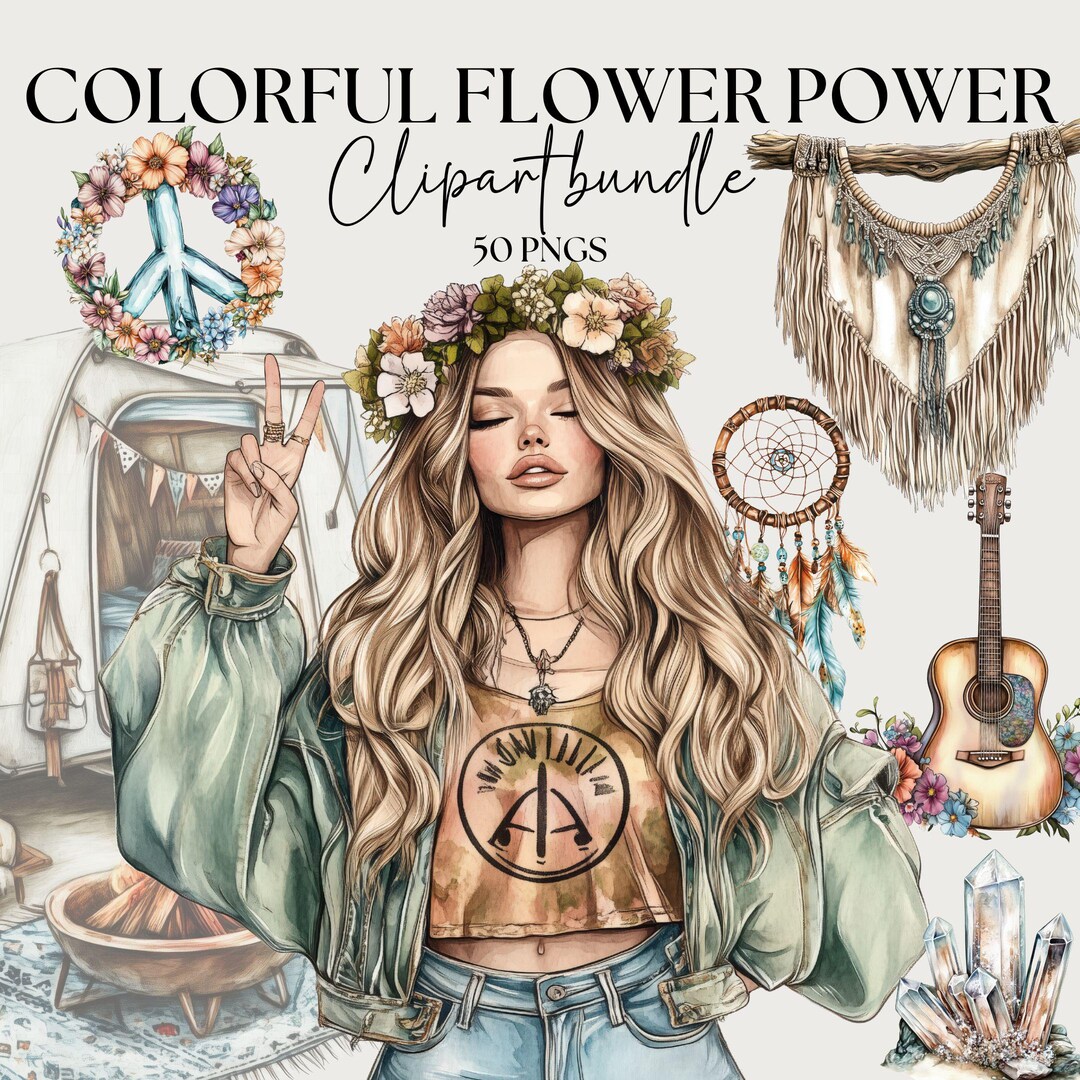 Colorful Flower Power Clipart Bundle, Watercolor Hippie Design Elements ...