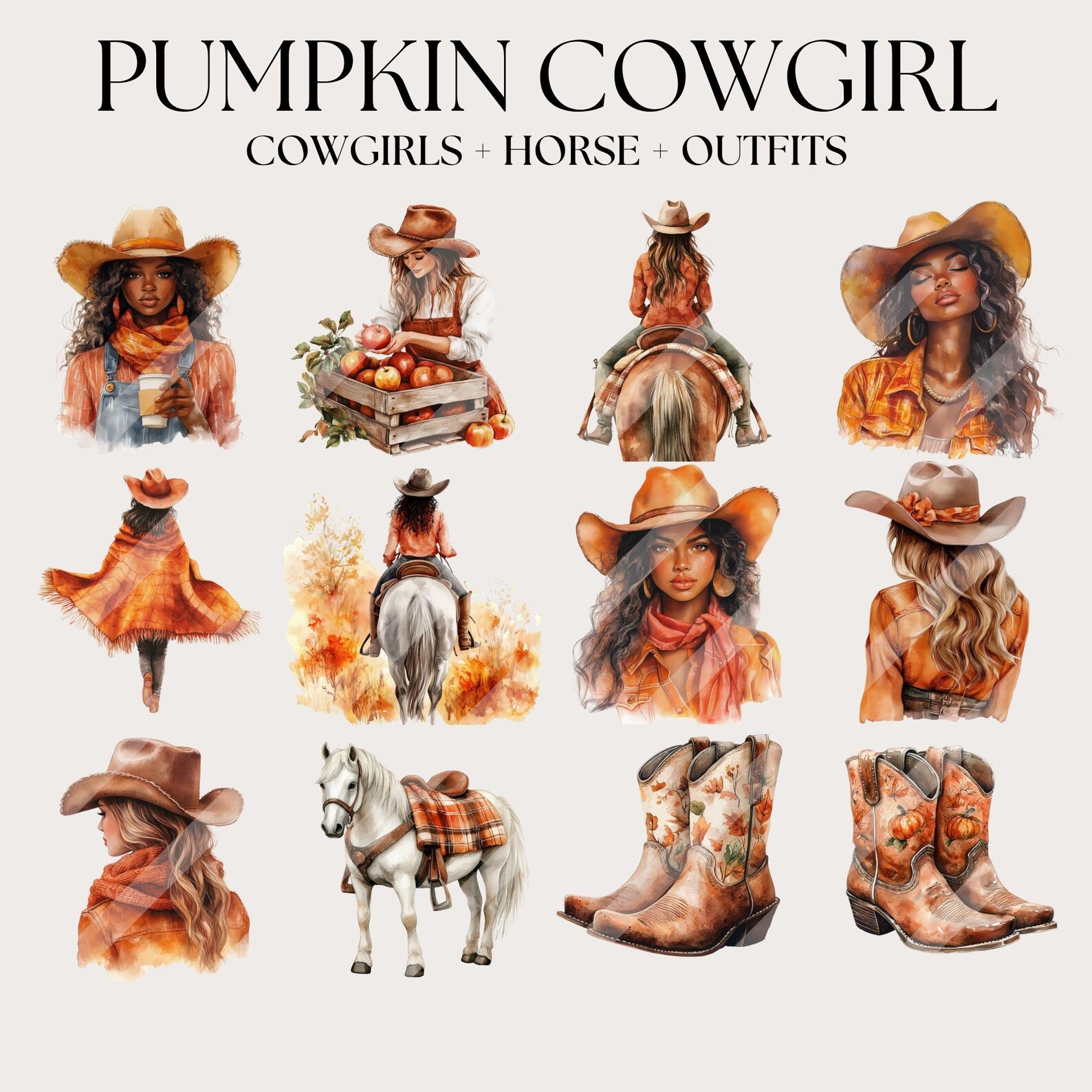 Pumpkin Cowgirl Clipart Bundle: Western Fall PNG Graphics - Etsy