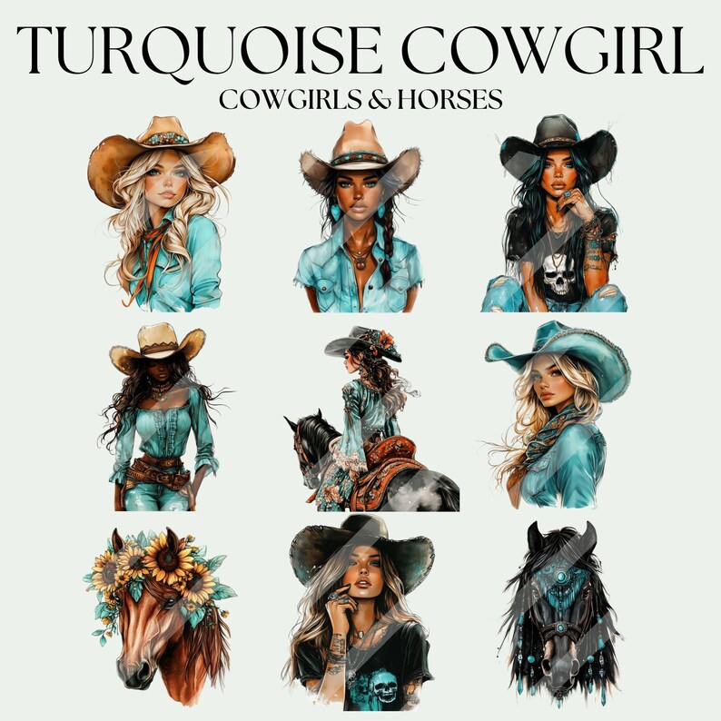 Turquoise Cowgirl Clipart Bundle: Retro Western Design Elements (PNG ...