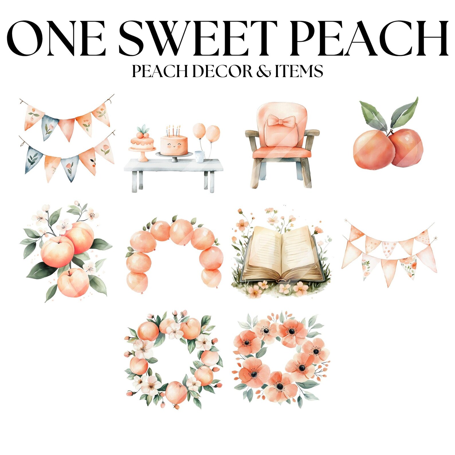 Peach Clipart Bundle: Watercolor Birthday Party Designs (75 PNG Files ...