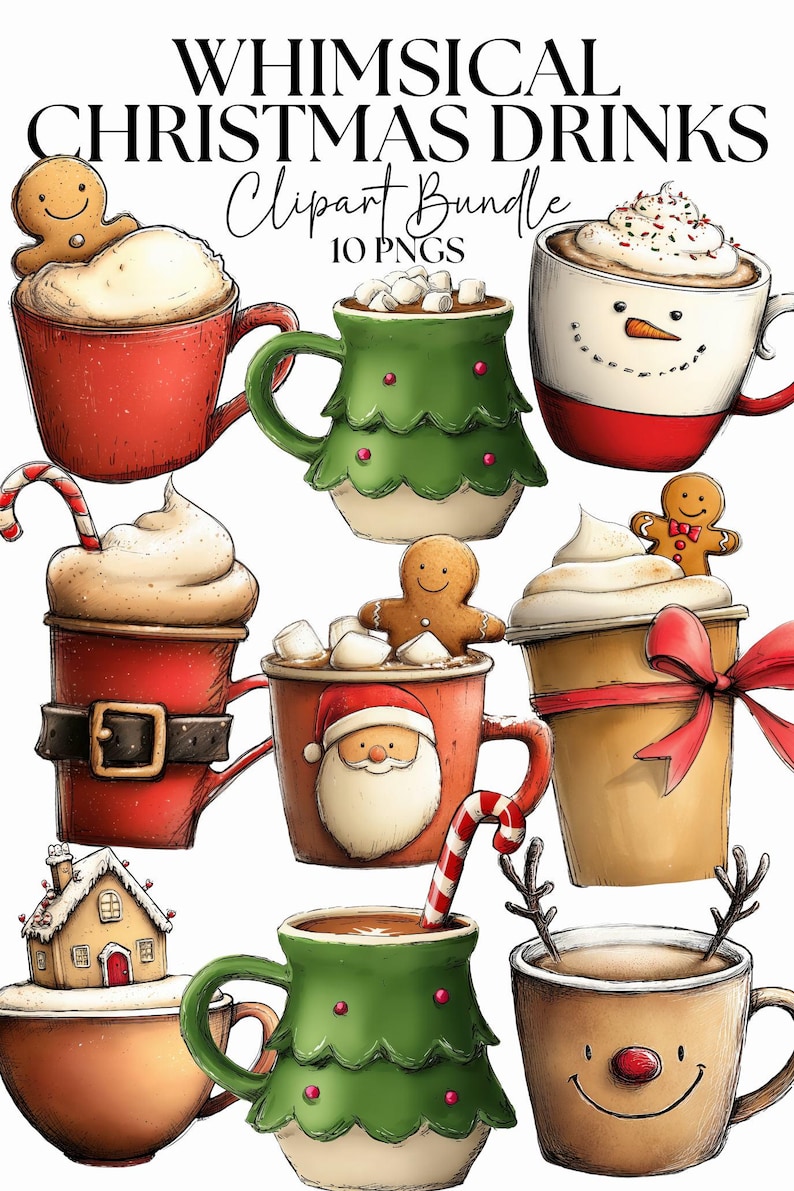 Whimsical Christmas Drinks Clipart Bundle PNG | Cute Holiday Mug ...