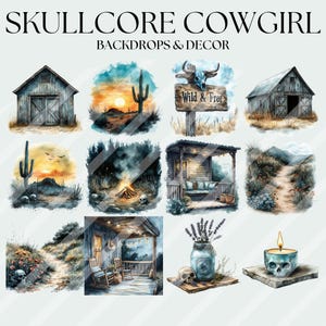 Skullcore Cowgirl Clipart Bundle, Vintage Western Design Elements, Rock ...