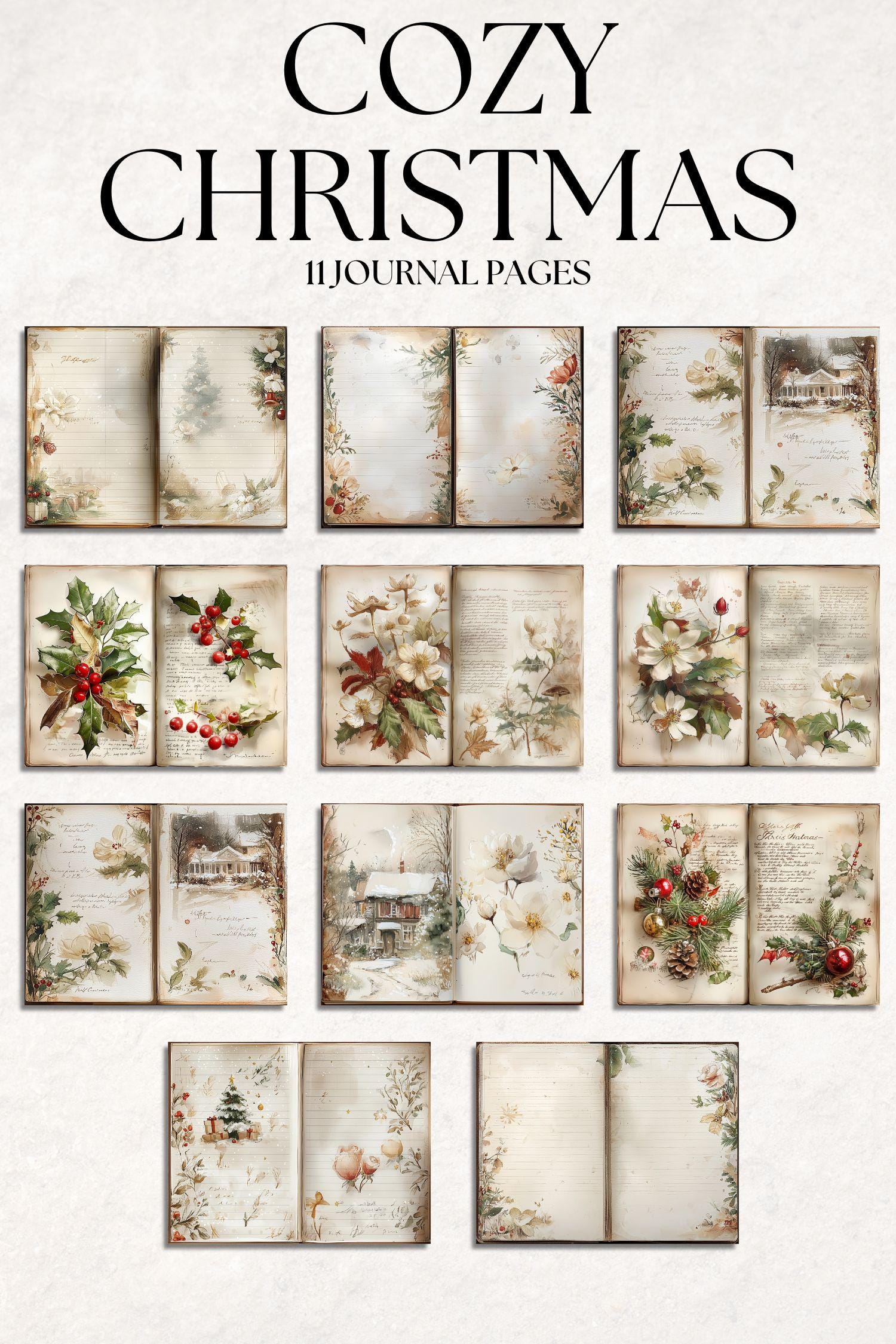 Cozy Christmas Journal Pages | 11 PNG Junk Journal Backgrounds, Vintage ...
