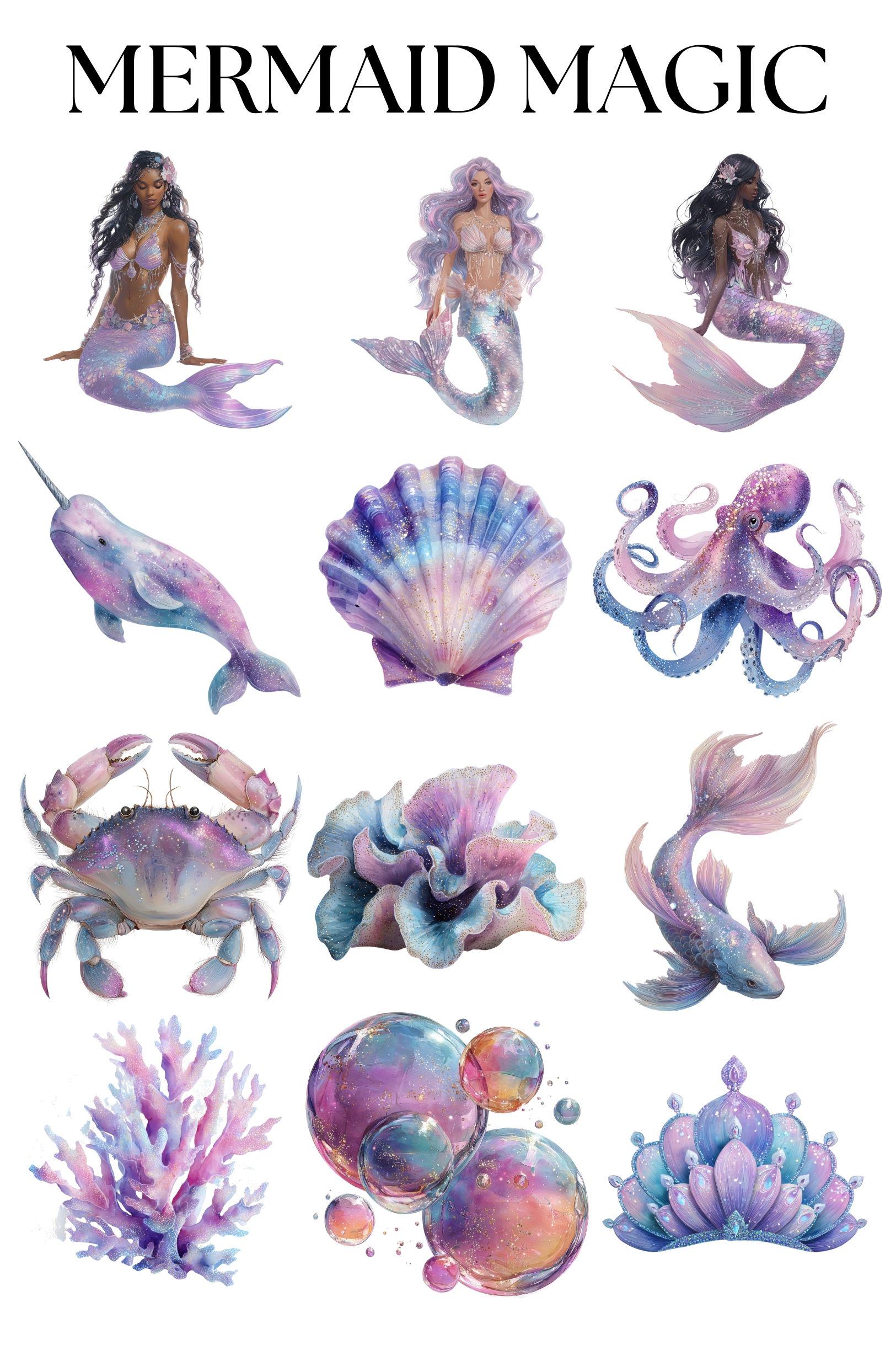 Mermaid Magic Clipart Bundle | 60 PNG Mermaid Illustrations | Fantasy ...
