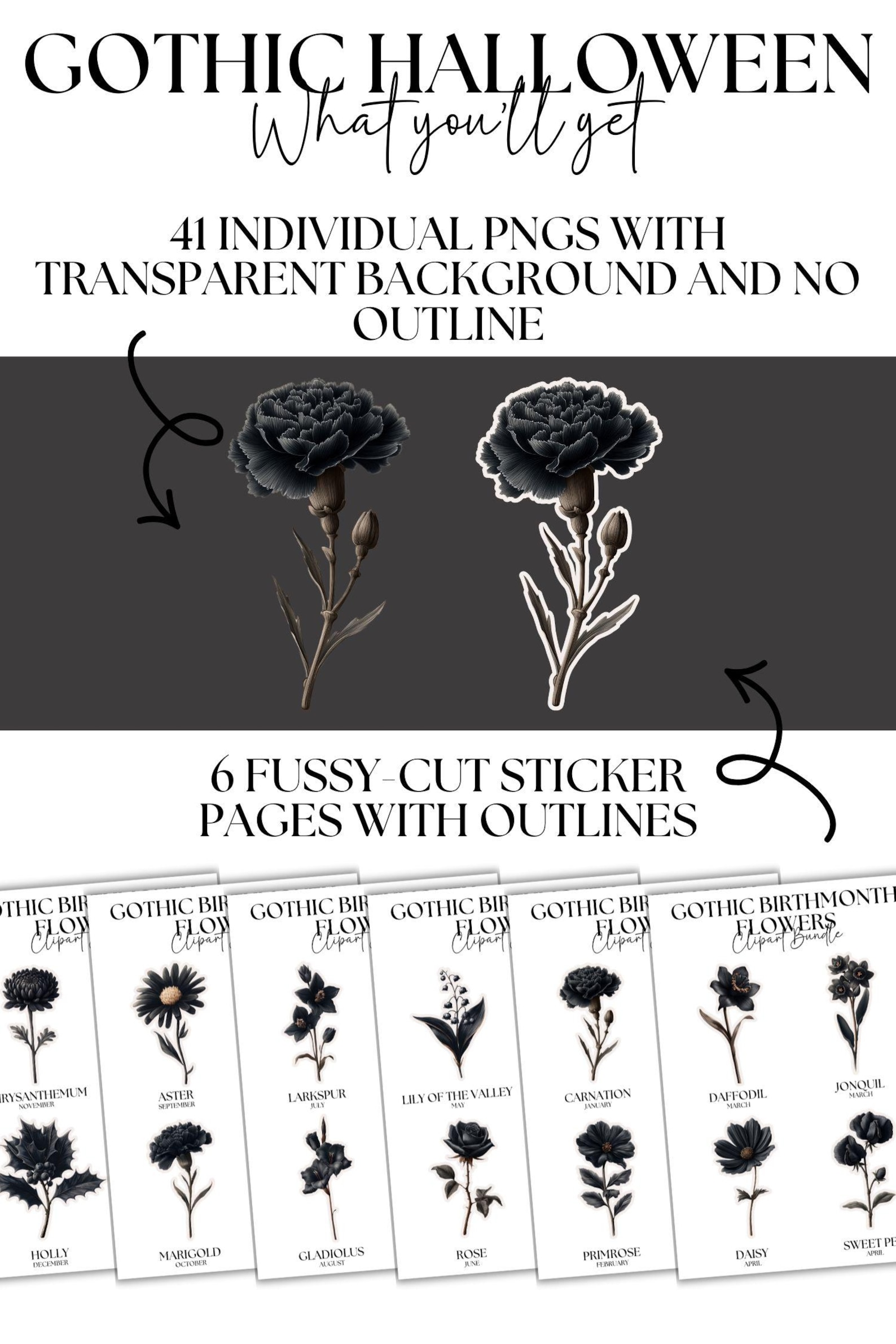 23 Gothic Birthmonth Flower Clipart Bundle, Black Birth Flower Fussy ...