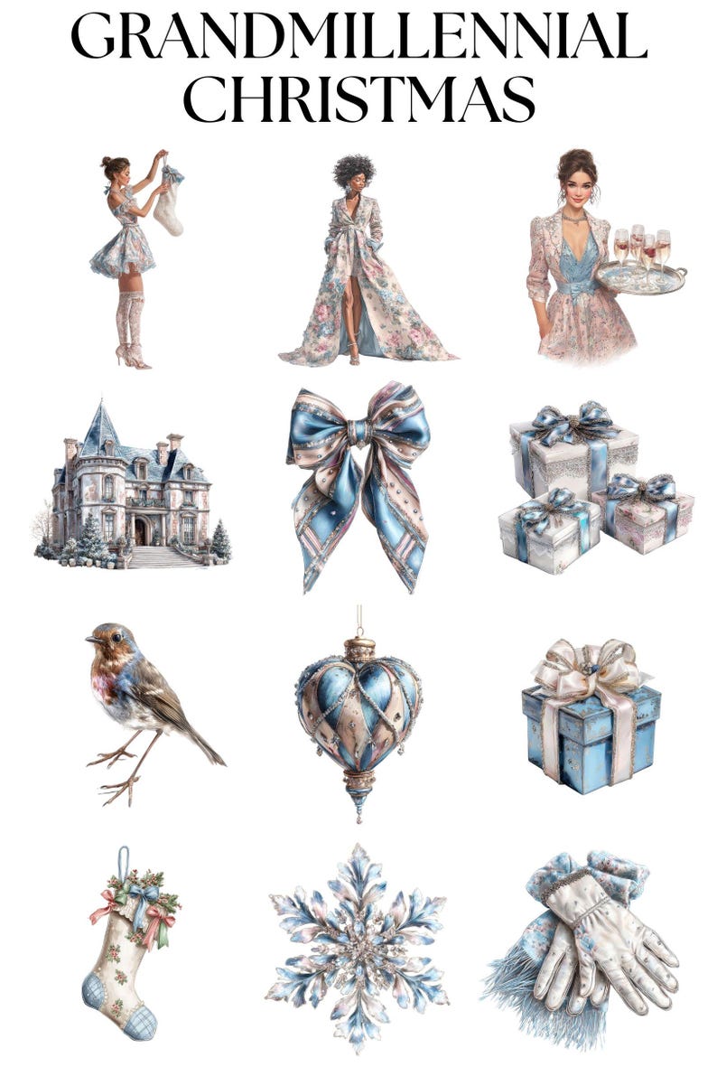 Grandmillennial Christmas Clipart Bundle: Elegant Holiday Designs (PNG ...