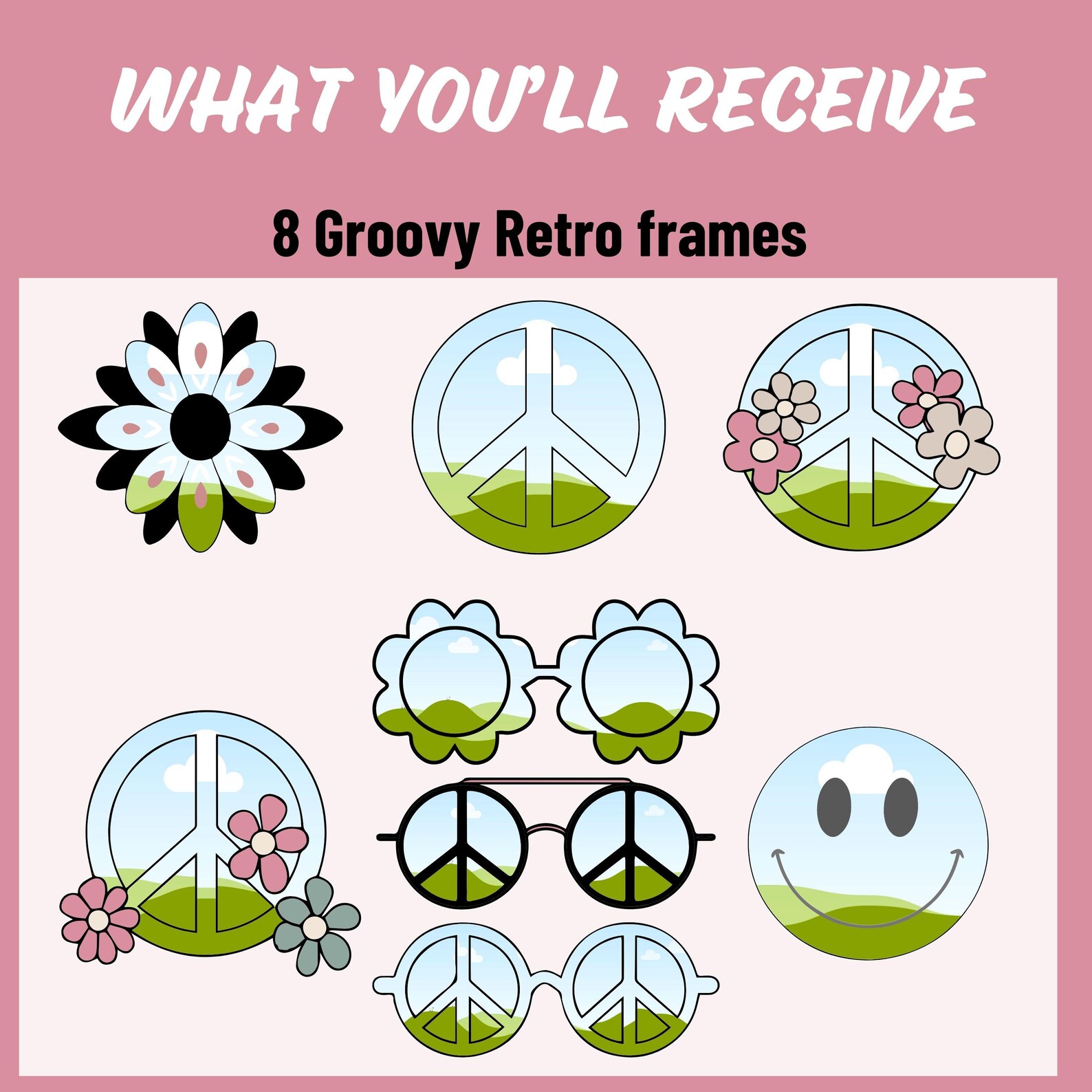 Groovy Retro Hippie Canva Frames, 8 Unique Editable Retro Clipart ...