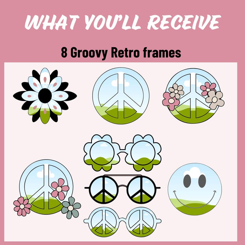 Groovy Retro Hippie Canva Frames, 8 Unique Editable Retro Clipart ...