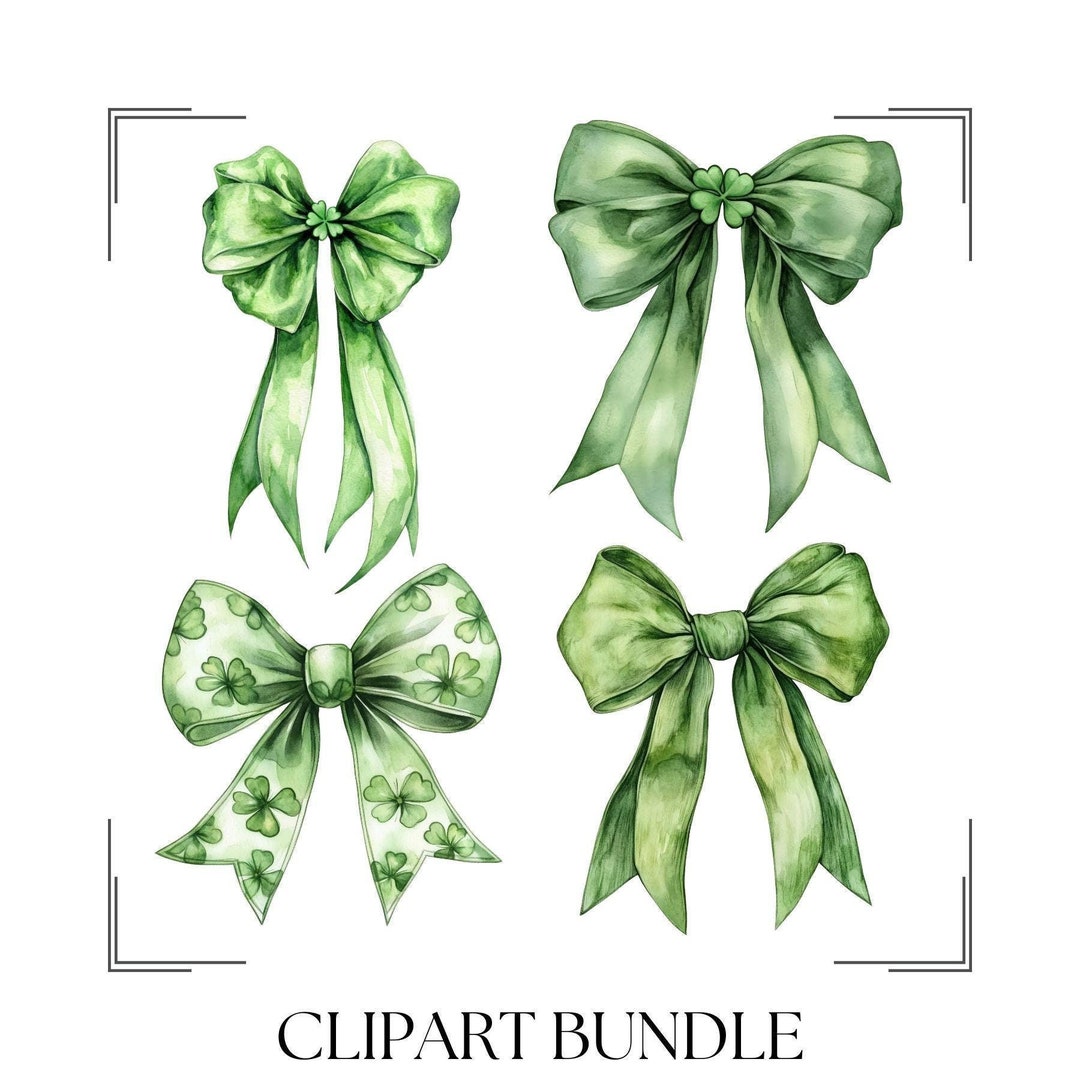 Coquette St Patrick Day Bow Bundle, Green Shamrock Bows Png, Watercolor ...