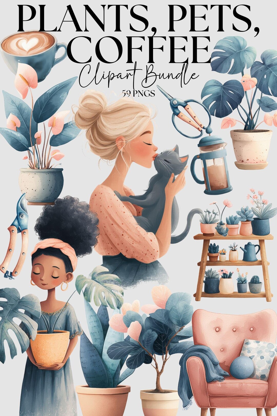 Plants, Pets & Coffee Clipart Bundle - 59 Cozy Girly Design Element PNG ...