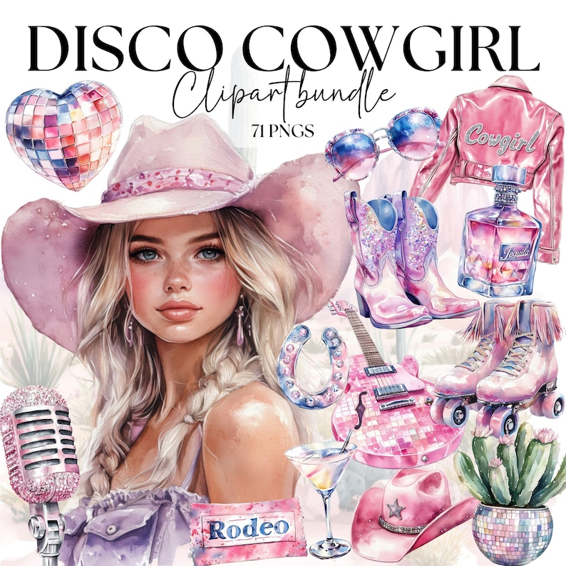 Disco Cowgirl Clipart Bundle: Rhinestone Hats, Saloon, Highland Cow PNG ...