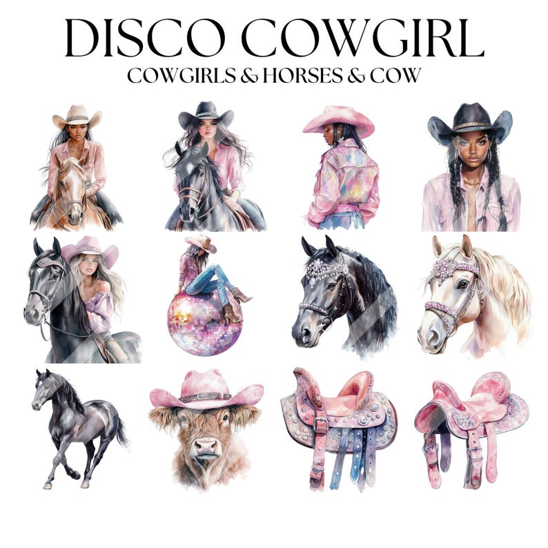 Disco Cowgirl Clipart Bundle: Rhinestone Hats, Saloon, Highland Cow PNG ...