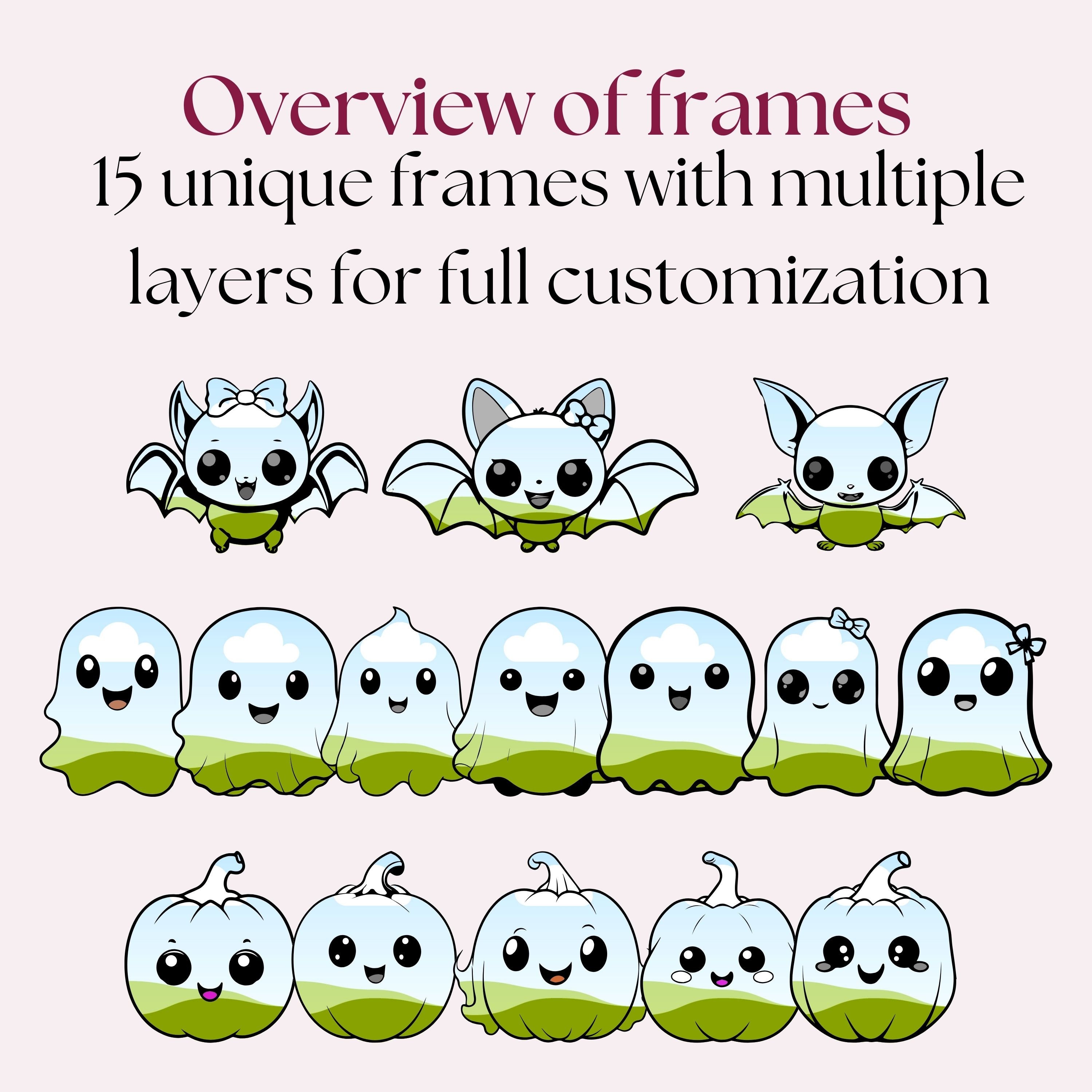 Halloween Editable Canva Frames, Kawaii Cute Ghosts Custom Clipart, 15 ...
