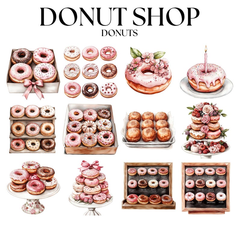 Donut Shop Clipart Bundle: Watercolor Sweets, Coffee, and Cake (73 PNG ...