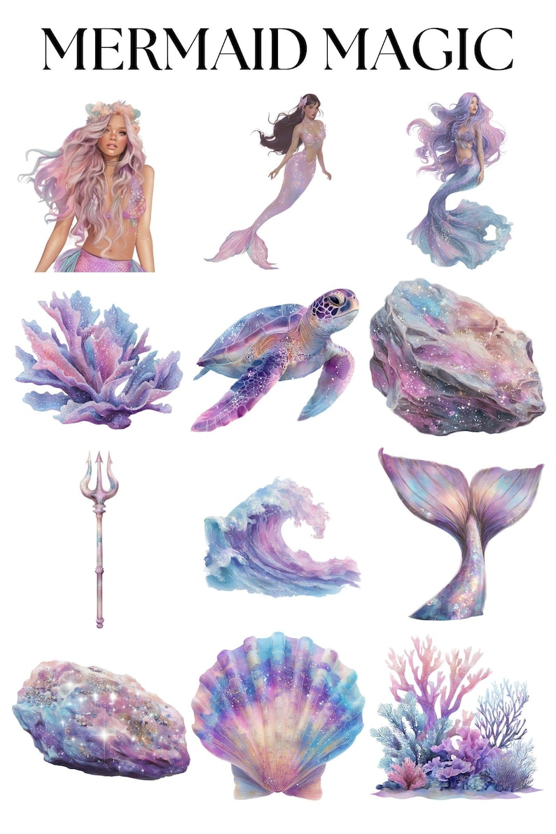 Mermaid Magic Clipart Bundle | 60 PNG Mermaid Illustrations | Fantasy ...