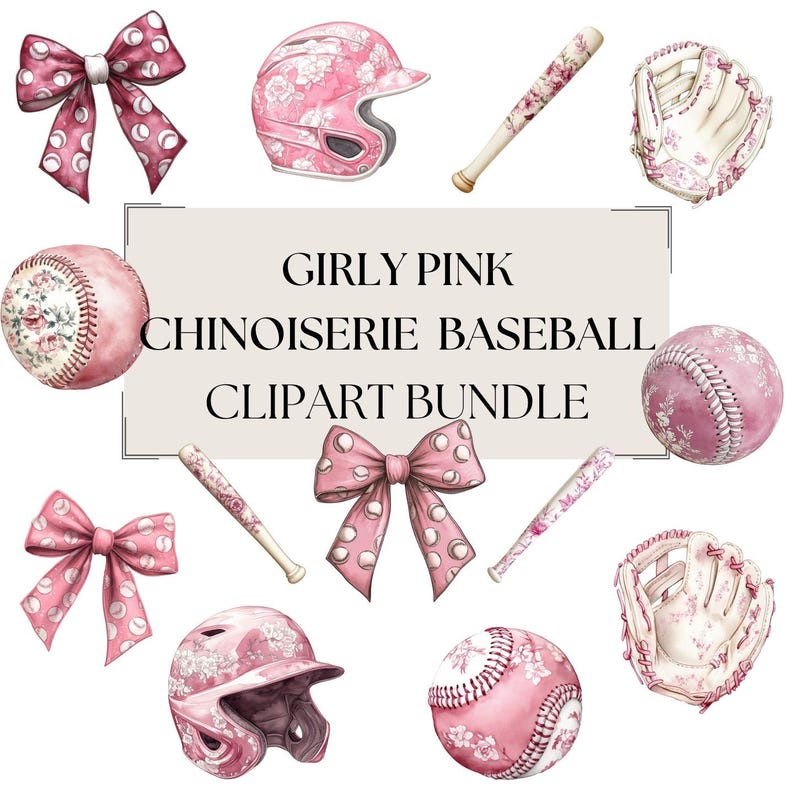 Pink Floral Baseball Clipart Bundle: Watercolor Bow, Helmet (PNG) - Etsy
