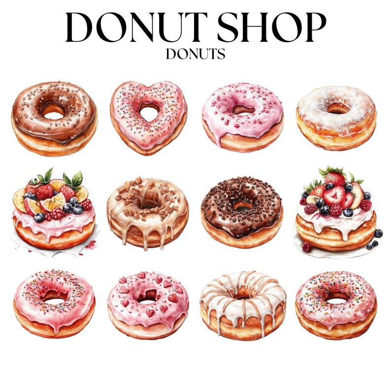 Donut Shop Clipart Bundle: Watercolor Sweets, Coffee, and Cake (73 PNG ...