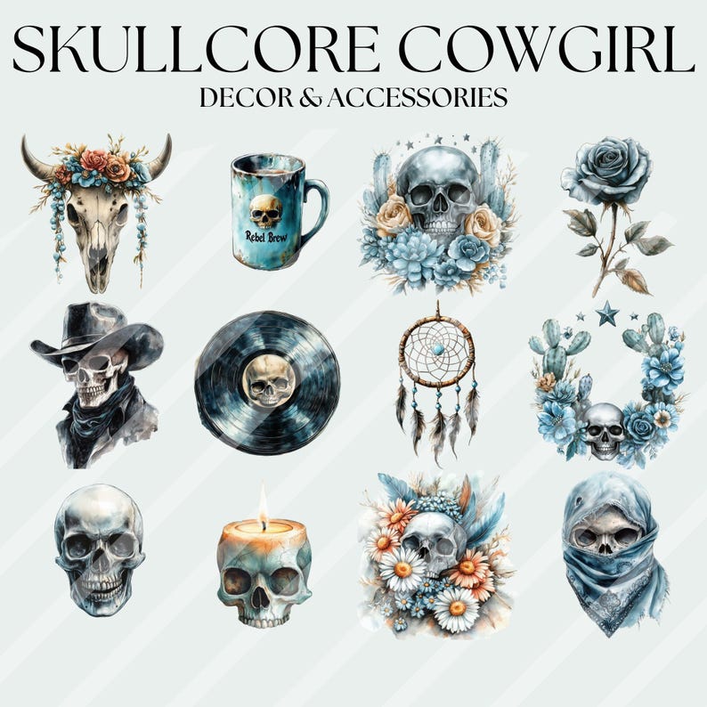 Skullcore Cowgirl Clipart Bundle, Vintage Western Design Elements, Rock ...