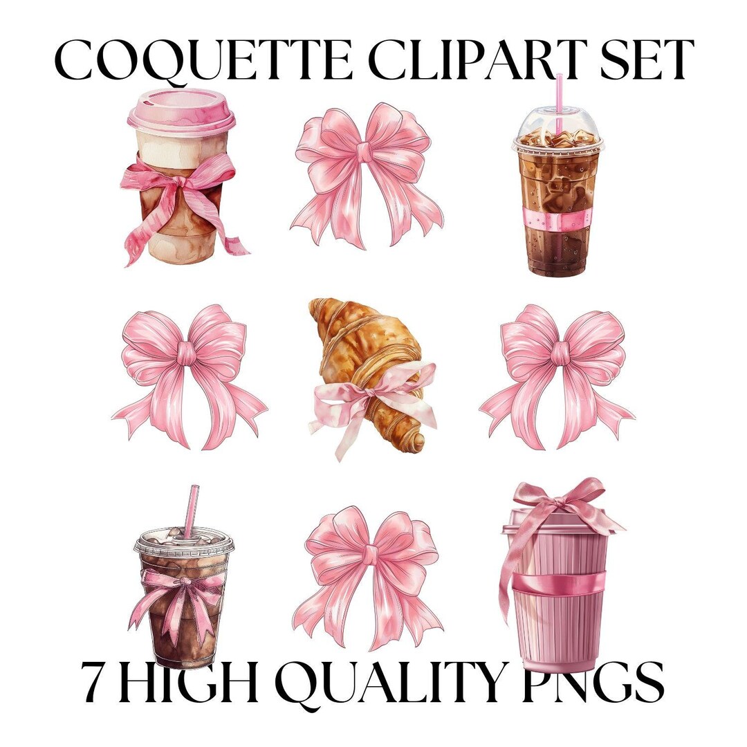 Coquette Bows & Coffee Clipart Collage Png, 7 Pink Ribbons and Bows To ...