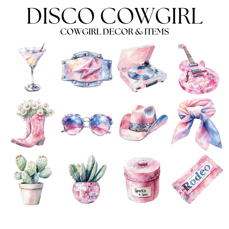 Disco Cowgirl Clipart Bundle: Rhinestone Hats, Saloon, Highland Cow PNG ...