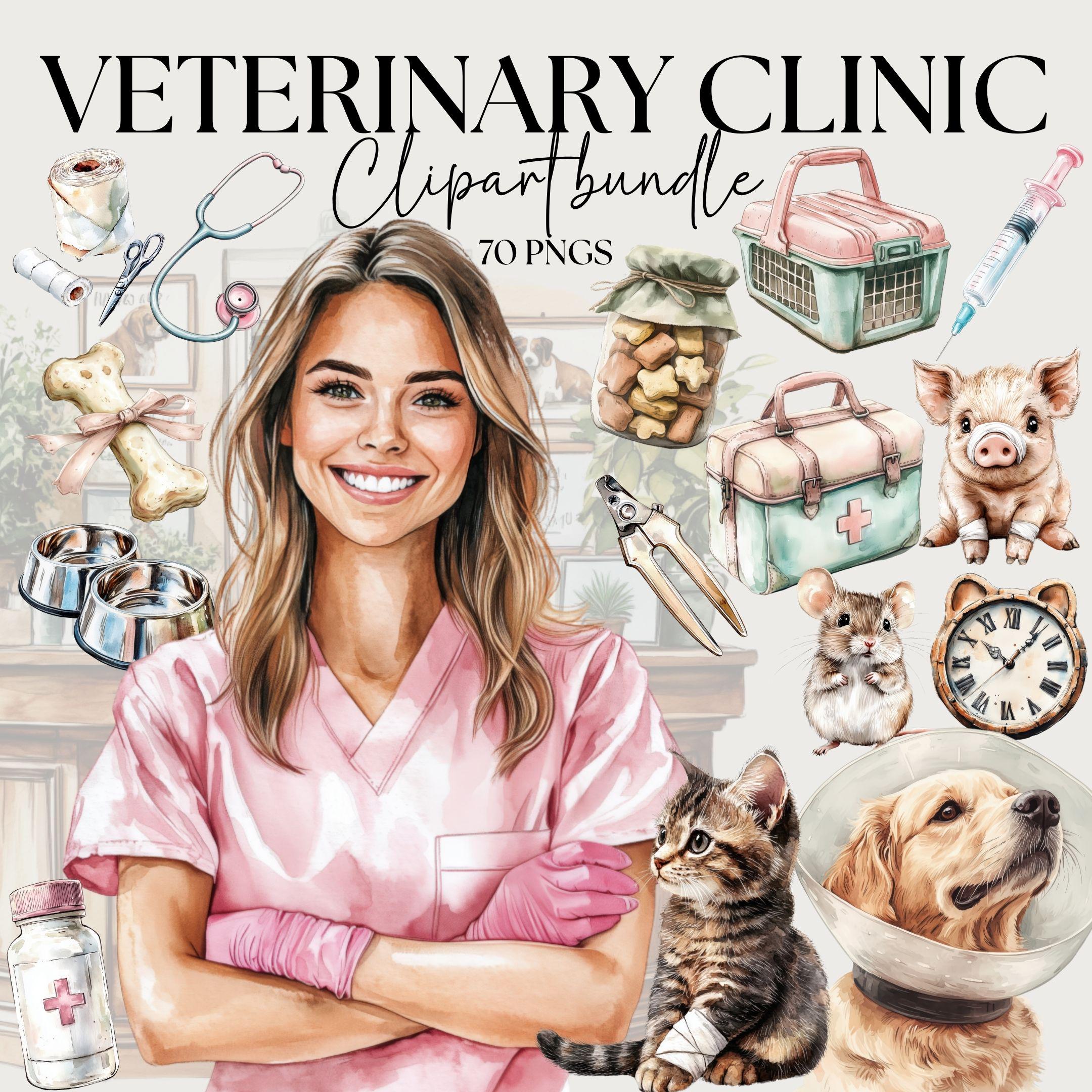 Watercolor Veterinary Clinic Clipart Bundle: Pastel Animal Hospital ...
