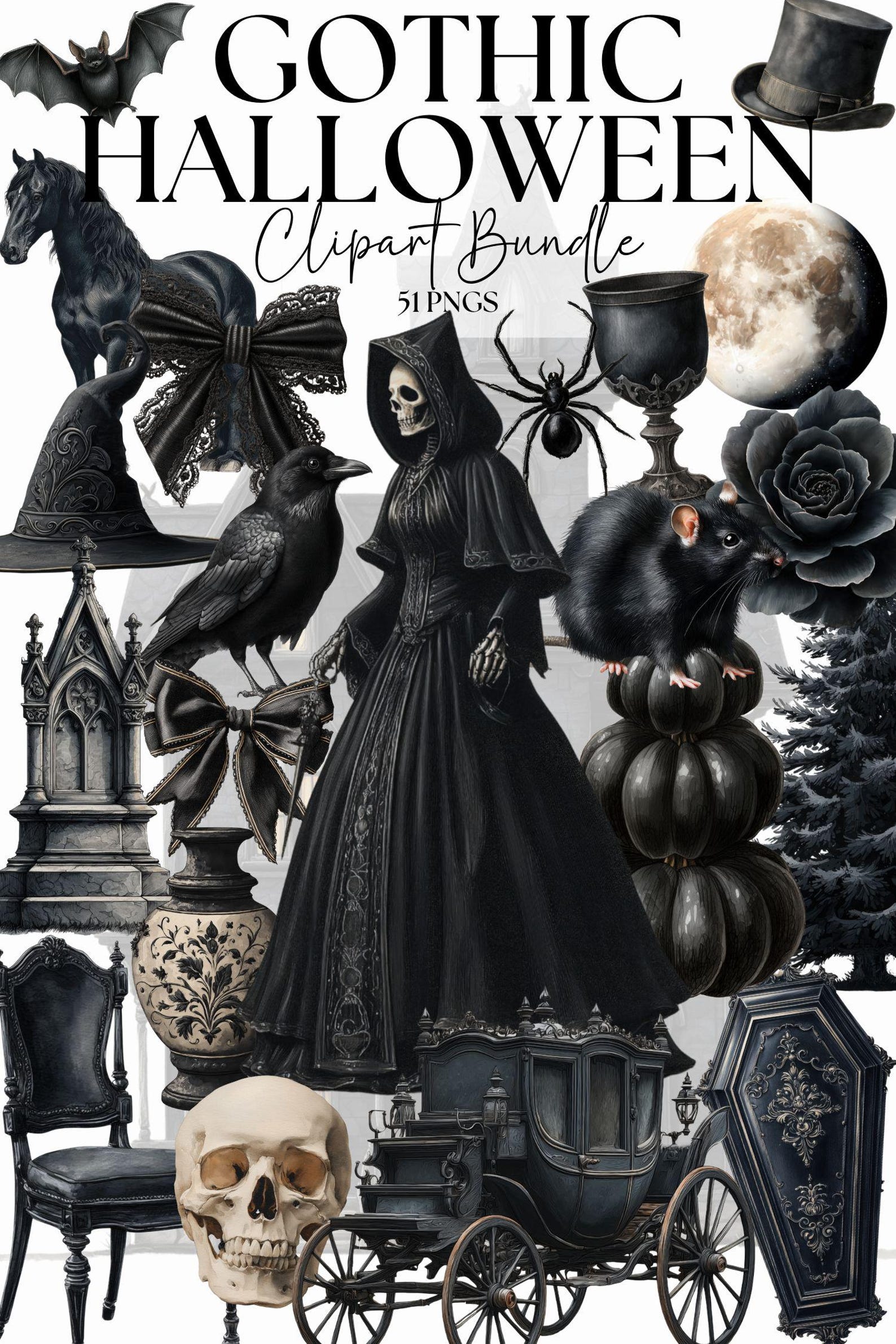 Gothic Halloween Clipart Bundle: 51 Spooky Vintage Junkjournal ...