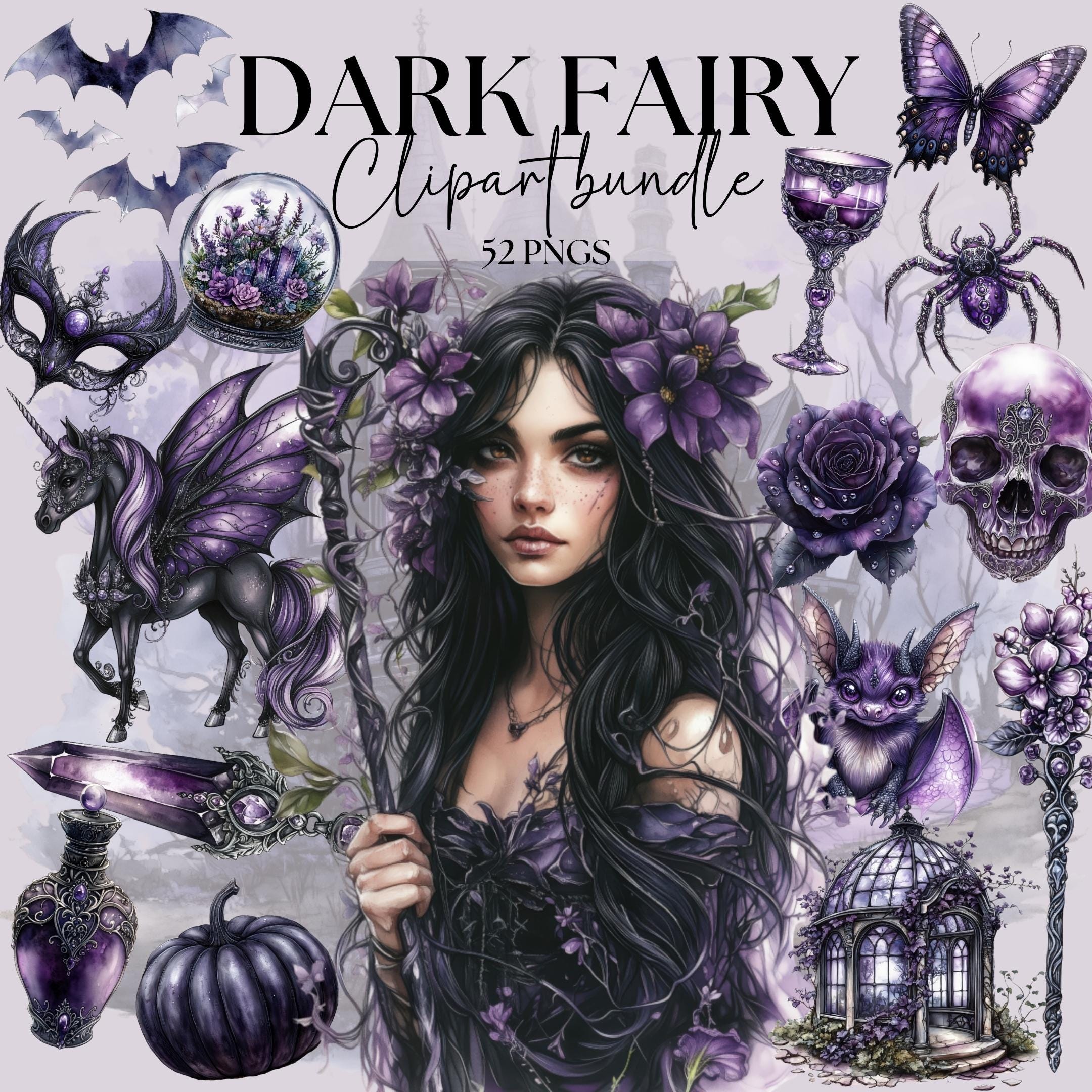 Dark Fairy Clipart Bundle: Watercolor Fairycore Design Elements (91 PNG ...