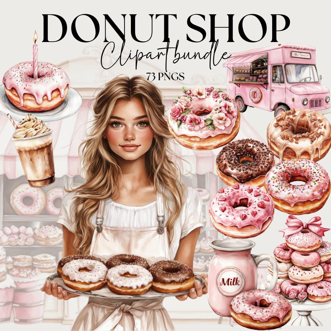 Donut Shop Clipart Bundle: Watercolor Sweets, Coffee, and Cake (73 PNG ...