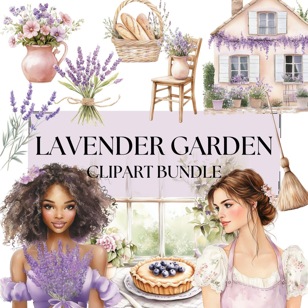 Chateaucore Clipart Bundle, Watercolor Lavender Garden Clipart Set ...