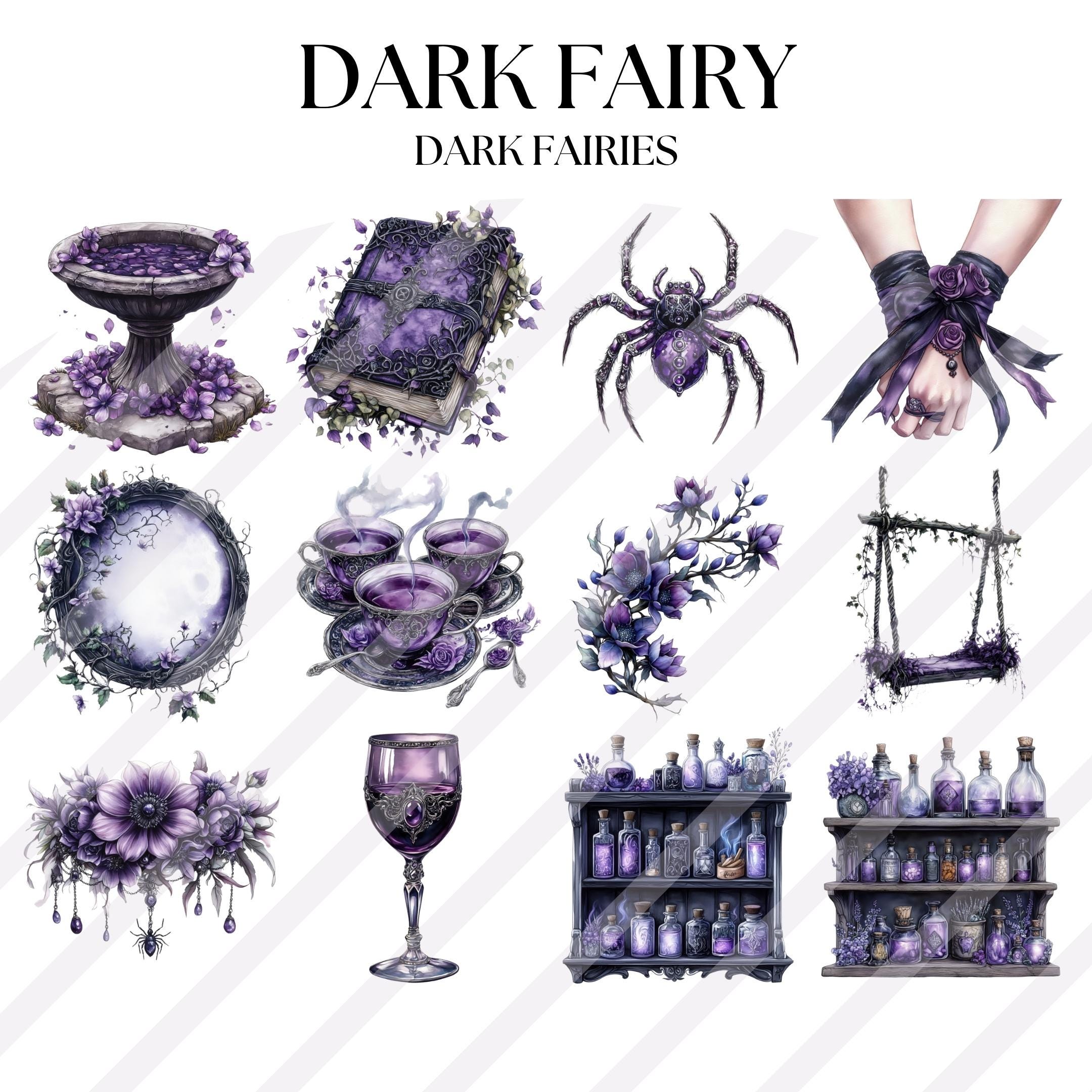 Dark Fairy Clipart Bundle: Watercolor Fairycore Design Elements (91 PNG ...