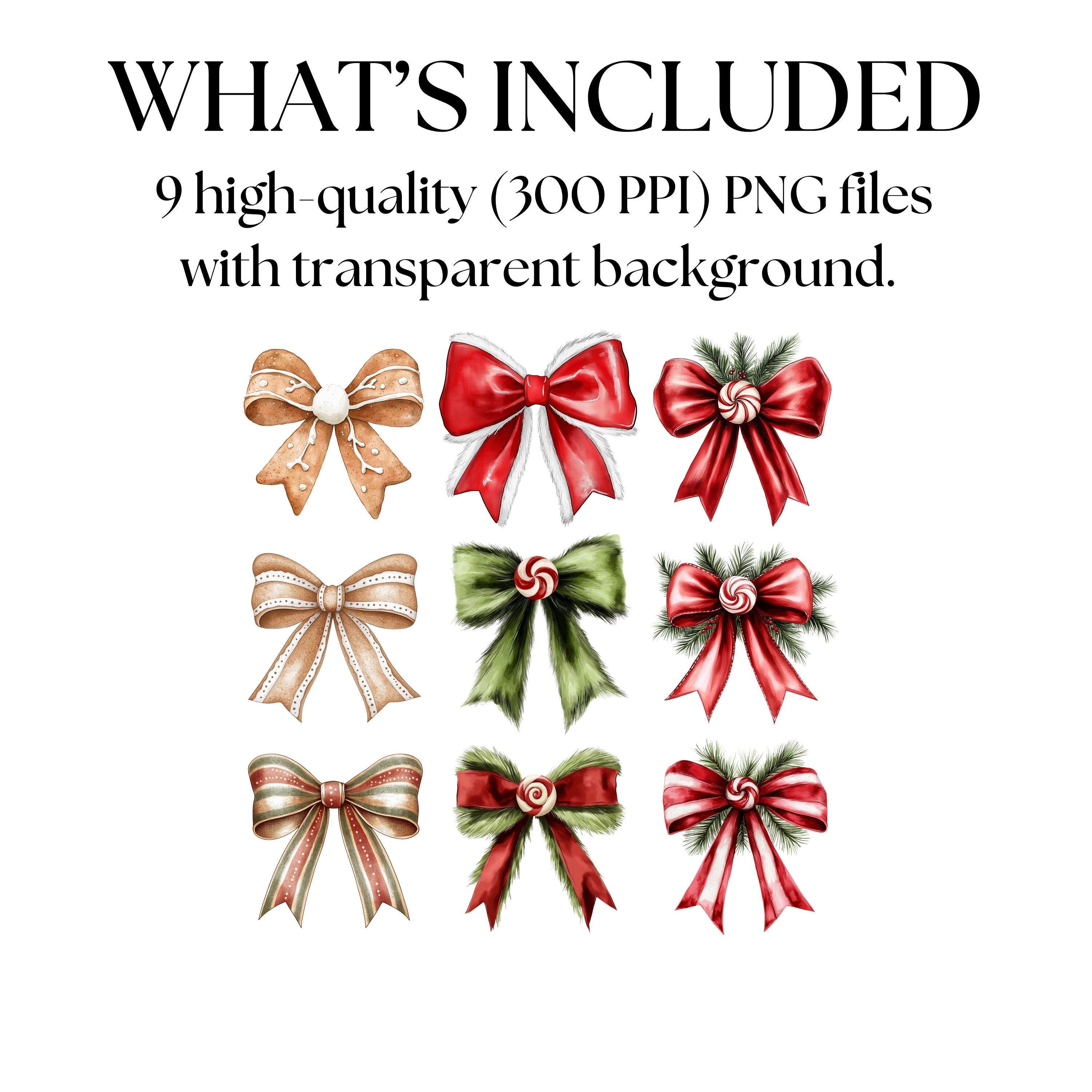 Christmas Coquette Bow PNG Bundle, 9 Watercolor Xmas Bows & Ribbons ...