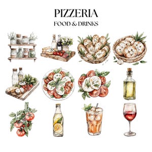 Watercolor Pizzeria Clipart Bundle: Pizza Restaurant Menu Design (70 ...