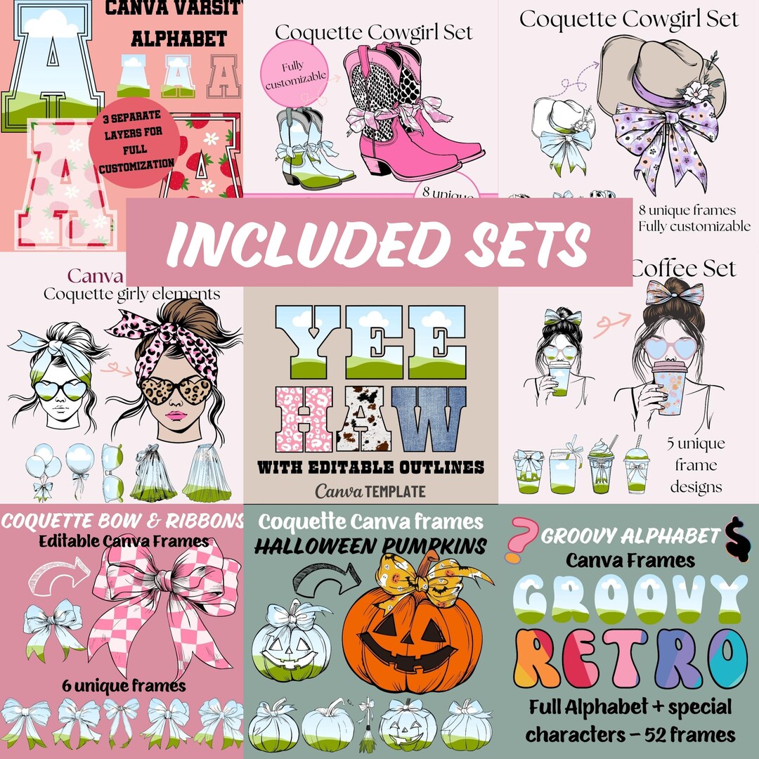 Bestselling Canva Frames Bundle, 160+ Coquette Cowgirl Set Editable ...