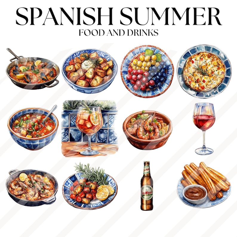 Watercolor Spanish Summer Clipart Bundle: Mediterranean Coastal Design ...