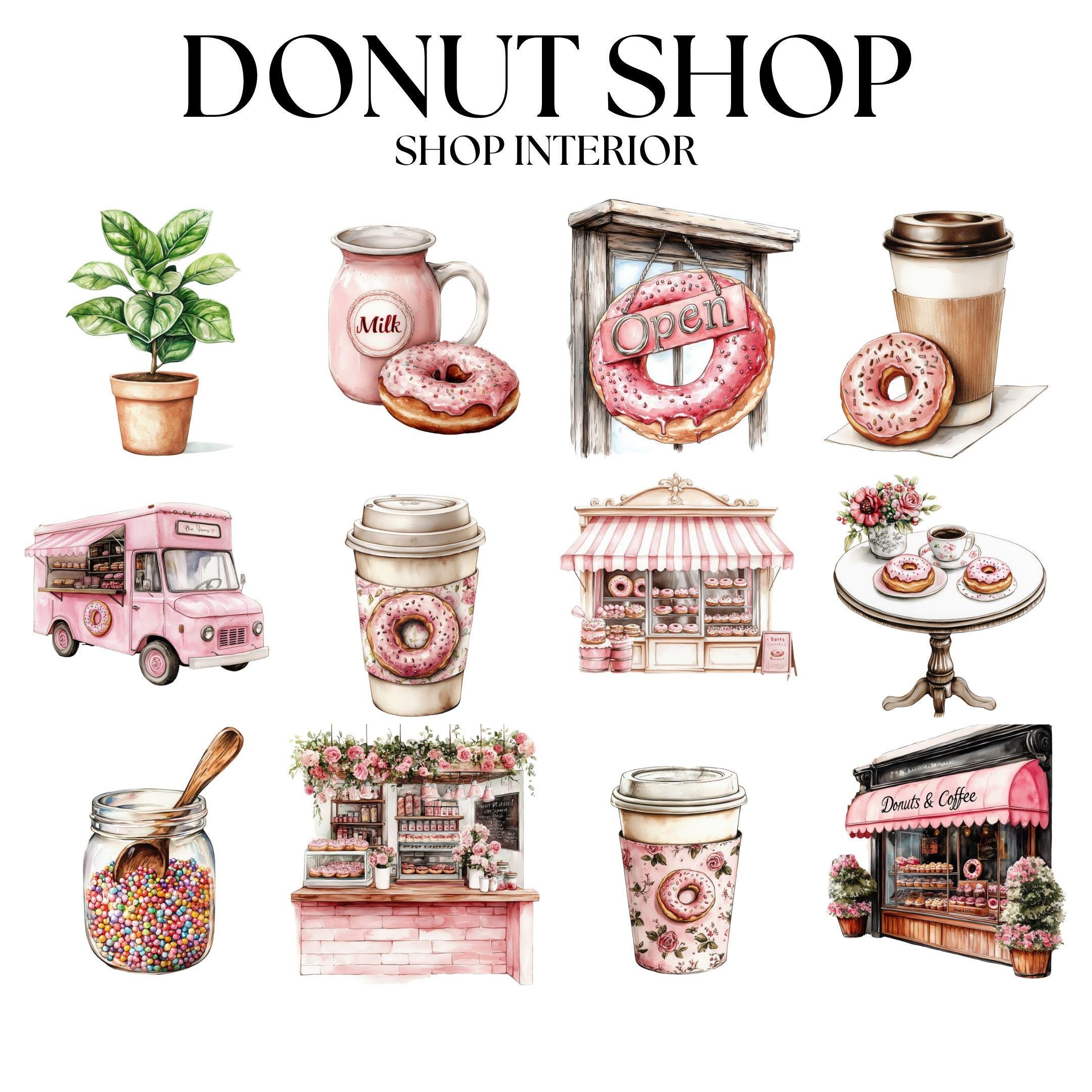 Donut Shop Clipart Bundle: Watercolor Sweets, Coffee, and Cake (73 PNG ...