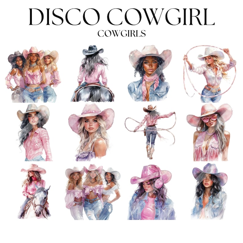Disco Cowgirl Clipart Bundle: Rhinestone Hats, Saloon, Highland Cow PNG ...