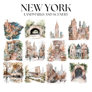 New York Clipart Bundle, USA Travel-themed Clipart Set, Watercolor ...