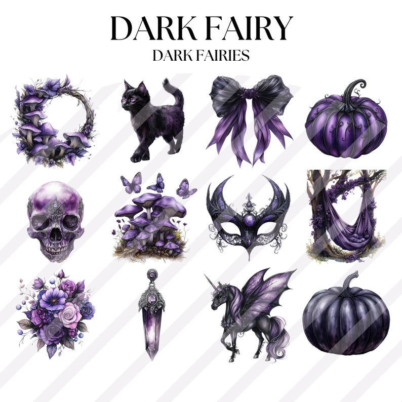 Dark Fairy Clipart Bundle: Watercolor Fairycore Design Elements (91 PNG ...