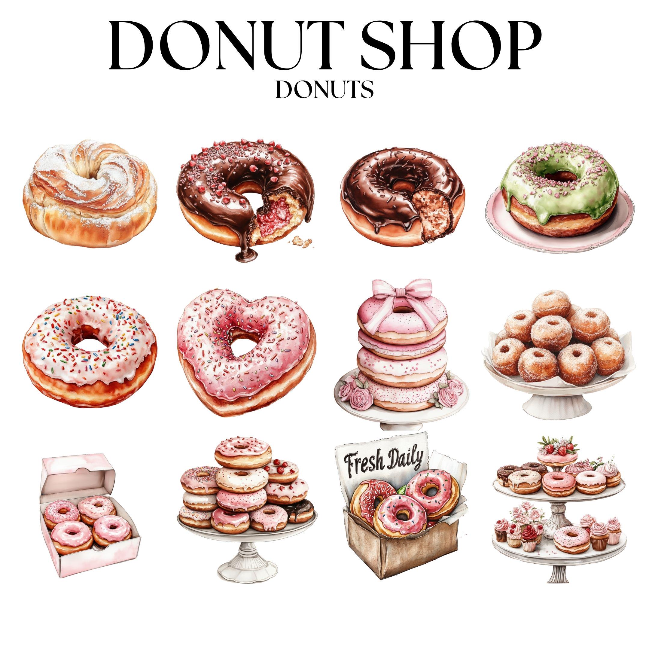 Donut Shop Clipart Bundle: Watercolor Sweets, Coffee, and Cake (73 PNG ...