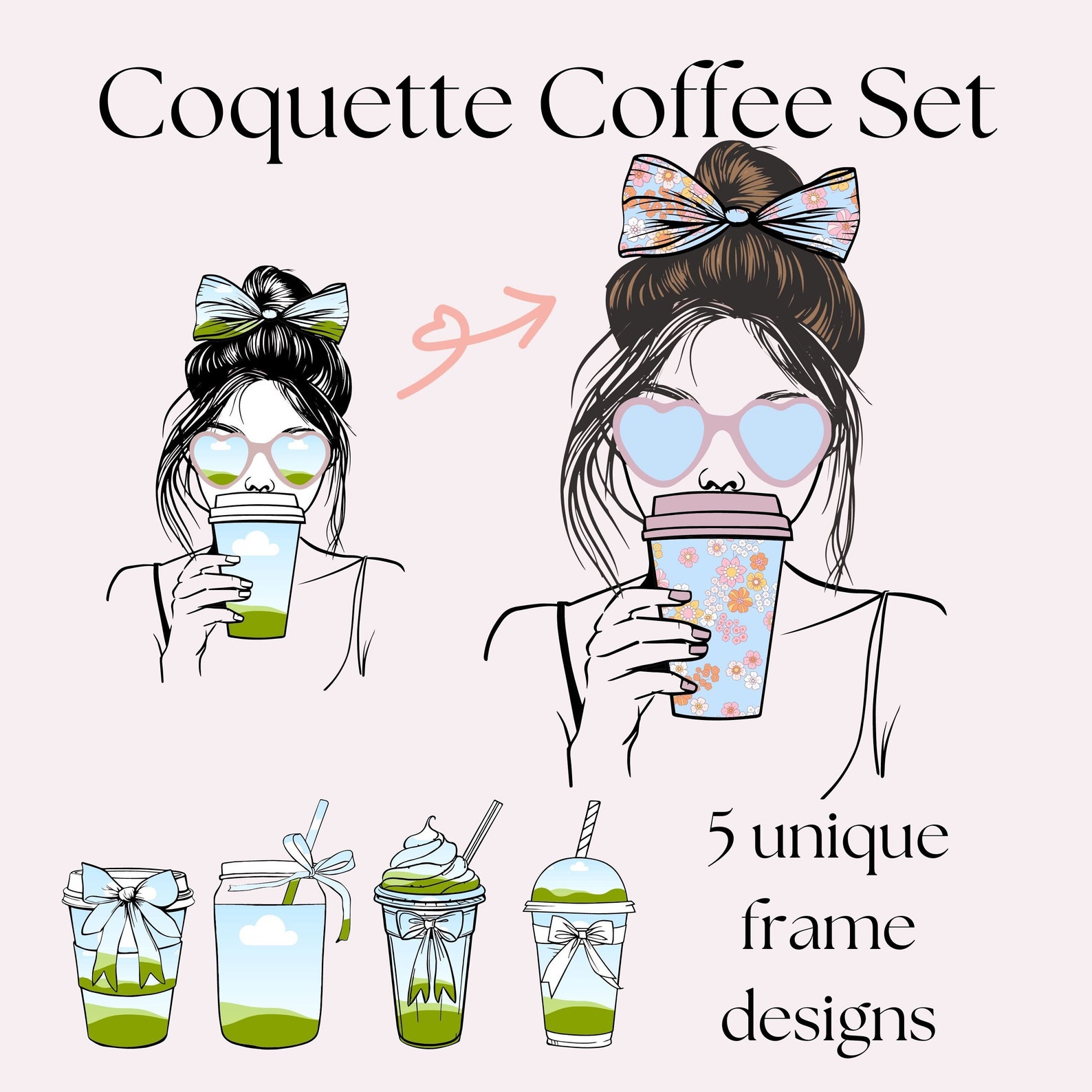 Cute Iced Coffee Canva Frame Template, Coquette Style Girly Heart ...
