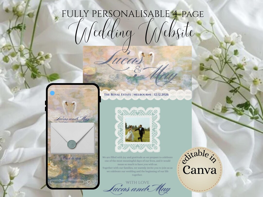 Elegant Swan Soft Misty Sage Green Wedding Website, Oil Painting ...