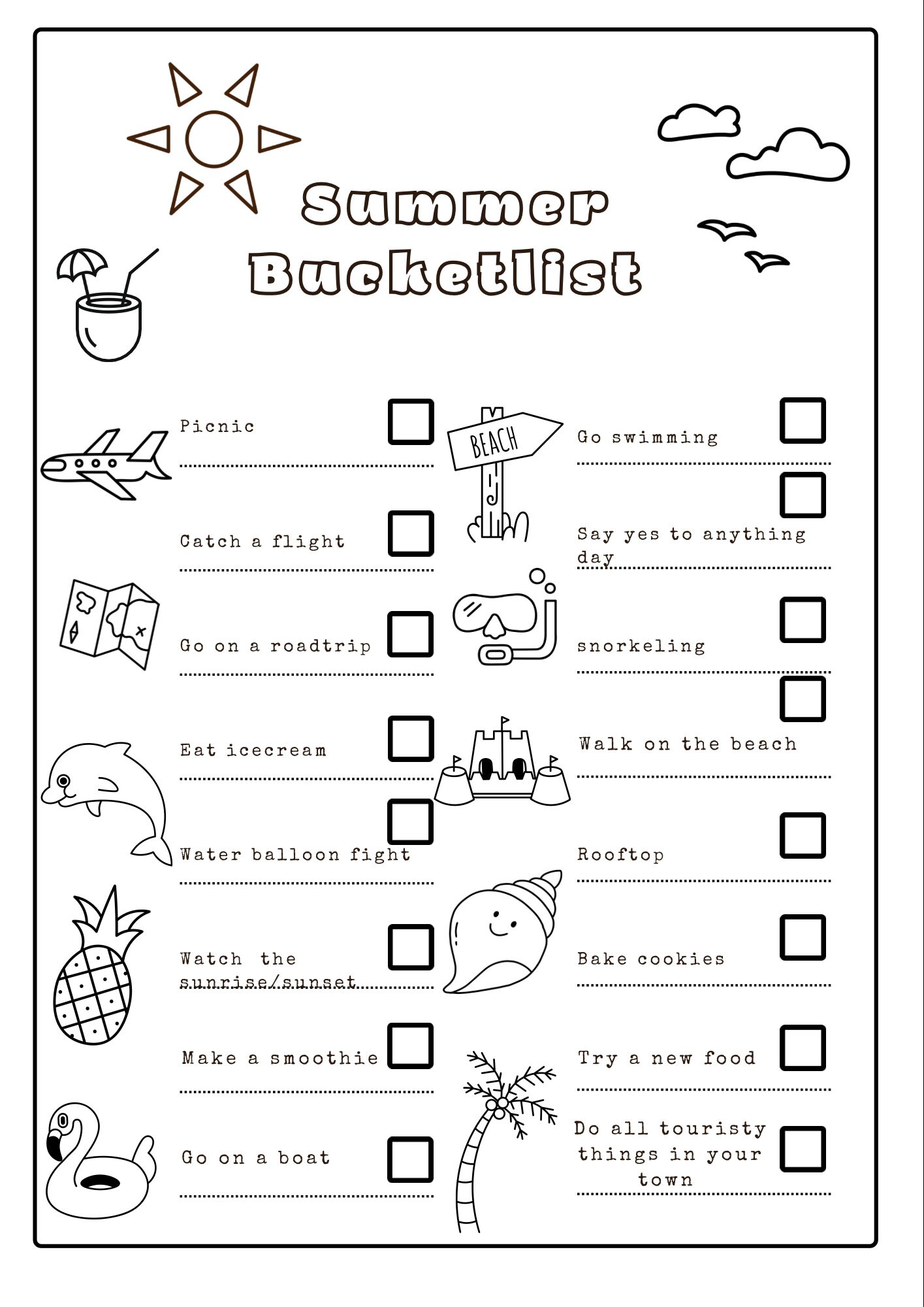 Summer Bucket List Printable Pdf Colorable - Etsy